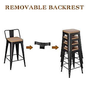 WENTMENT Metal Bar Stools Set of 4 Counter Height Bar Stools Barstools with Removable Back 26" Kitchen Bar Stools with Wooden Seat, Black