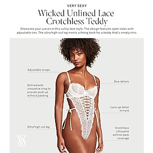 Victoria's Secret Unlined Wicked High Leg Lace Up Teddy, Sexy Lingerie, One Piece Bodysuit, White (M)