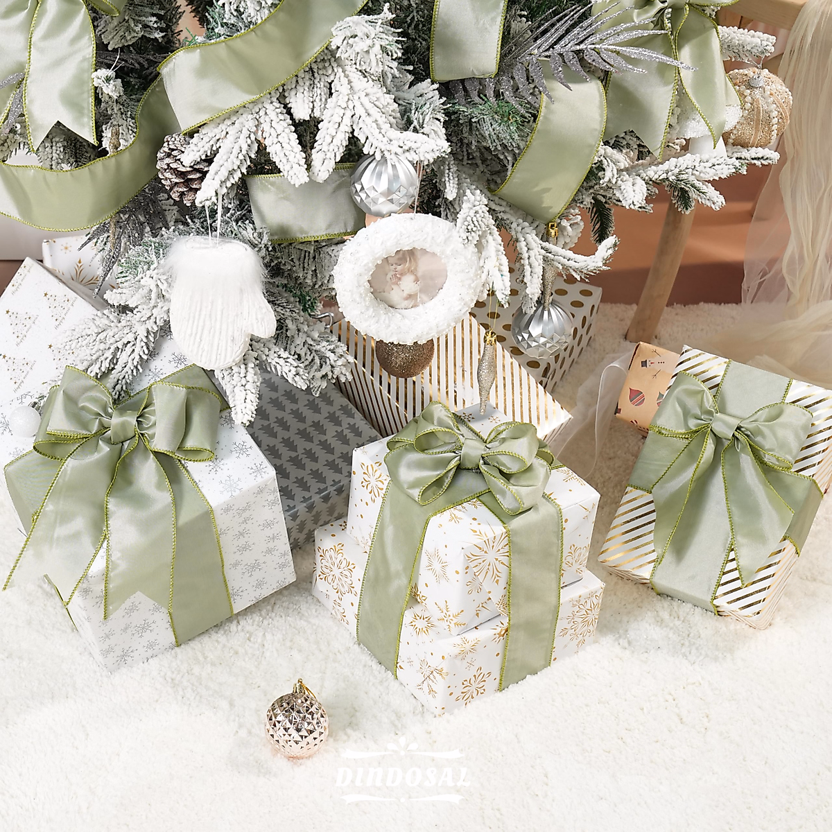 DINDOSAL Sage Green Christmas Ribbon Wired 2.5" x 10 Yard Dusty Green Wired Ribbon Green Wired Ribbon for Christmas Tree Decorations, Topper Bows, Wreaths, Crafts, Home Decor, Gift Wrapping