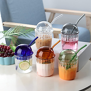 Plcnn Drinking Glasses with Glass Dome Lid and Straw Reusable Wide Mouth Smoothie Cups 15oz Glass Coffee Iced Cup Tumbler Glass Bubble Tea Cup for Coke Soda Home Office Bar