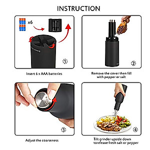 HAITRAL Electric Gravity Salt and Pepper Grinder Set, 2 Pack Electric Ceramic Core Mills Shaker, Battery Operated, One Hand Automatic Operation, Adjustable Coarseness, Black and White