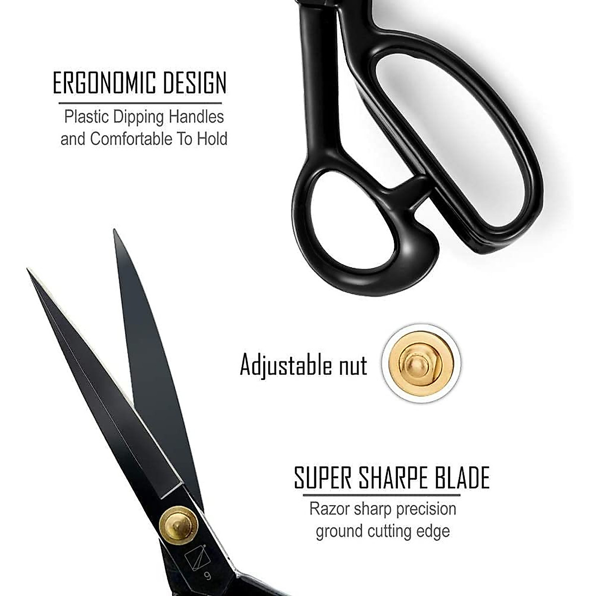 Sewing Scissors, 9 Inch Fabric Dressmaking Scissors Heavy Duty Shears Sharp Cutting for Crafting, Leather, Dressmaking, Tailoring, Altering(9 Inch Black, Right-Handed)
