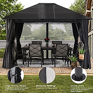 MASTERCANOPY 10x12 Outdoor Hardtop Gazebo Aluminum Frame Polycarbonate Top Canopy with Curtains and Netting, Dark Gray