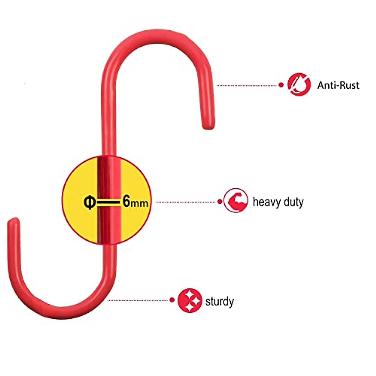 Wellmax 60PCS S Hooks for Hanging, Heavy Duty S Shaped Hooks, Colored Metal S Hook Set for Hanging Plants, Closet, Kitchen, Pot Rack, and pots and Pans. 5 inches Long and 6mm Thick