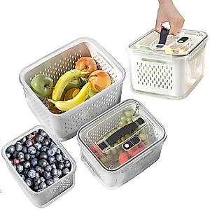 5 PCS Large Fruit Containers for Fridge - Stackable Airtight Food Storage Containers with Removable Colander - Dishwasher & microwave safe Produce Containers Keep Fruits,Berry, Vegetables, Fresh longe