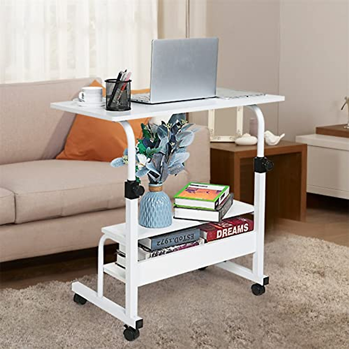 Computer-Desk Office-Desk, Small-Folding Gaming-Laptop Home-Office Desks for Small Spaces, Writing Study Desk Table with Storage for Home Bedroom, Adjustable Height 32×16×25-36 inches (White)