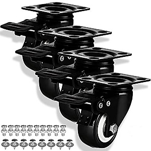 Casters Wheels Set of 4 Heavy Duty Swivel Casters 2" Double Locking Castor Wheels Set with Brake Industrial Polyurethane Metal Wheels for Workbench, Furniture, Cabinet, Wood Box, Outdoor Plate Casters