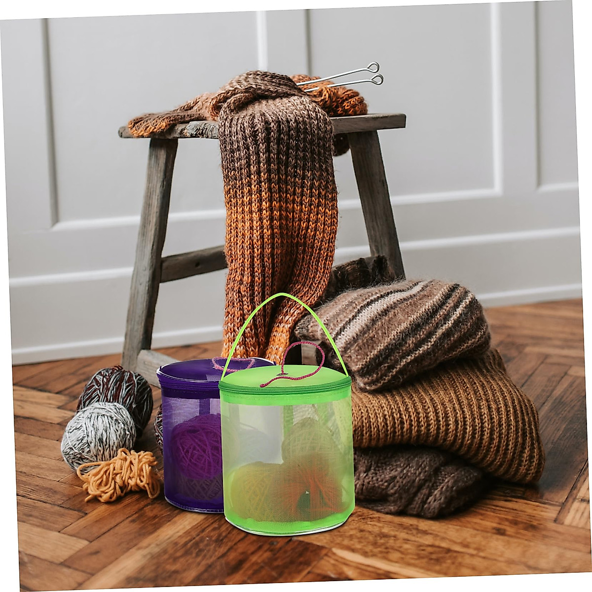 SHINEOFI Knitting Backpack and Tote Bag Set for Yarn Storage - Includes 2 Mesh Organizers - Mini Yarn Drum and Bag for Knitting Needles - Portable Yarn Holder and Ball Basket - for