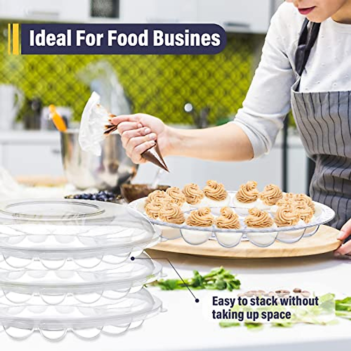 Shellwei 3 Pcs Deviled Egg Tray with Lid 12 Inch Round Egg Containers with 15 Egg Slots Reusable Plastic Egg Holder Platter for Deviled Egg Fruits Veggie Finger Food