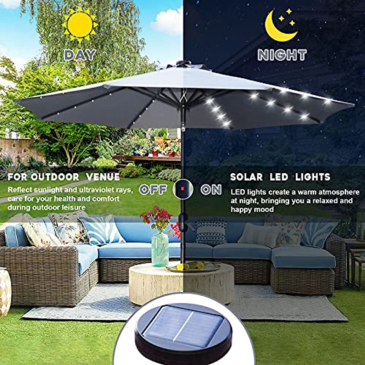 JMEXSUSS 9ft Patio Umbrella with Solar Lights, 32 LED Lighted Umbrella Outdoor Patio Table Umbrella, 8 Ribs Market Umbrella w/Tilt Adjustment and UV-Resistant Fabric, Grey