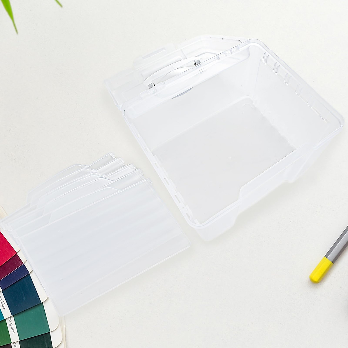 ABuff Greeting Card Storage and Organizer Box with 6 Adjustable Dividers, Clear Plastic Photo Storage Box Card Organizer Box for Photos, Scrapbook, Stickers, Envelopes