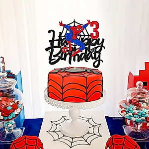 Spider 3rd Cake Topper Spider Birthday Cake Decoration Spider Happy Birthday Cake Decor for Men Boy Children Bday Party Supplies Double Sided Glitter Black Décor
