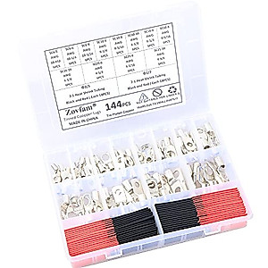Wire Lugs Battery Cable Lugs AWG 10 8 6 4 Marine Grade Tinned Copper Wire Lugs Battery Cable Ends Eyelets SC Ring Terminal Connectors Assortment Kit with Heat Shrink Set-144Pcs