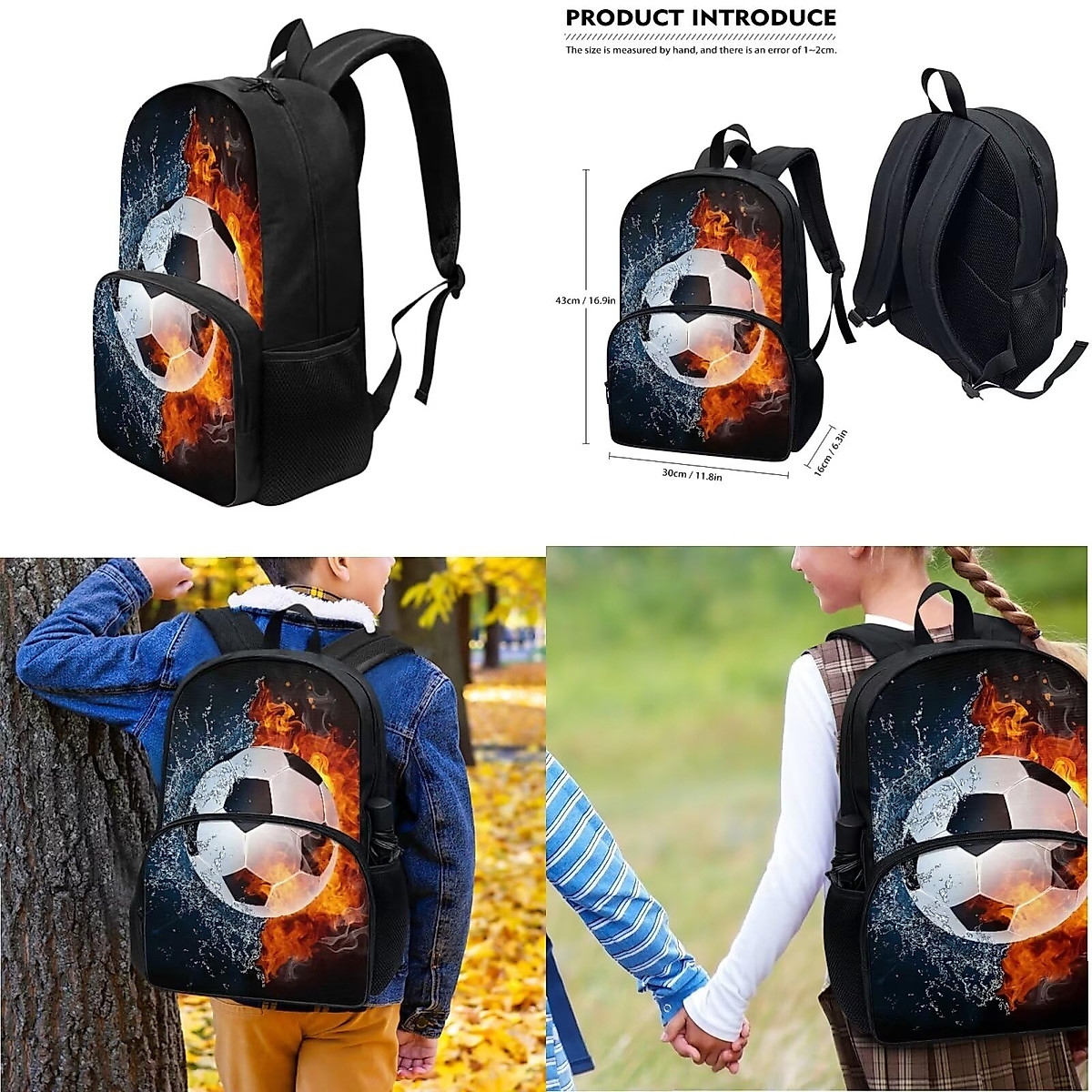 Annejudy Water Fire Football Kids Backpack with Lunch Box, Soccer Print Boys School Backpacks Book Bag with Pencil Case 3pcs Lightweight Daypack Bookbag Back to School Supplies