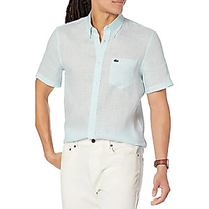 Lacoste Men's Short Sleeve Regular Fit Linen Casual Button Down Shirt with Front Pocket, Rill, Large