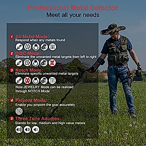 Metal Detector for Adults, Professional High Accuracy Waterproof Gold Detector with LCD Display, 10" Coil Adjustable Metal Detector for Treasure Hunting, 5 Modes, Advanced DSP Chip