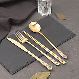 ROAEXPO Oseobang Class 4Kinds 1Person Stainless 24k Gold plating Steel Flatware Set Home Kitchen Utensils Set Dishwasher Safe Made in Korea Cutlery (8.Golf)