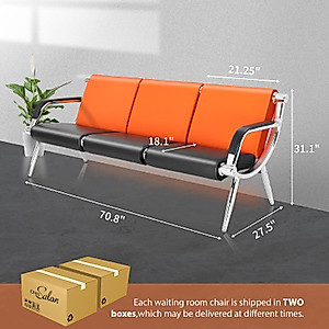 OmySalon 3-Seat Waiting Room Bench，Reception Bench Seating Office Chair with Armrest, Heavy Duty Guest Lobby Chair, Conference Room Chairs for Salon Airport Hospital Bank, PU Leather,Orange