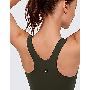 CRZ YOGA Butterluxe Womens Racerback High Neck Longline Sports Bra - Padded Workout Crop Tank Tops with Built in Shelf Bra Olive Green Medium