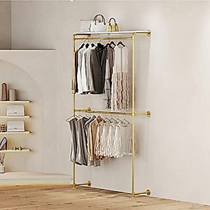 96.5”H Wall Mounted Clothe Rack, Gold Industrial Pipe Clothing Rack with Shelves Closet Rods System for Hanging Clothes Rack Multi-purpose Heavy Duty Hanging Rod