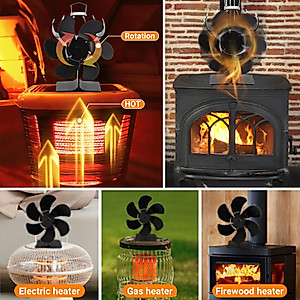 Hesitroad Wood Stove Fan,6 Blades Heat Powered Fireplace Fan Wood Burning Stove Fan, Non Electric Fan Wood Stove Accessories Eco Fans for Wood/Gas/Log Burner Stove Black