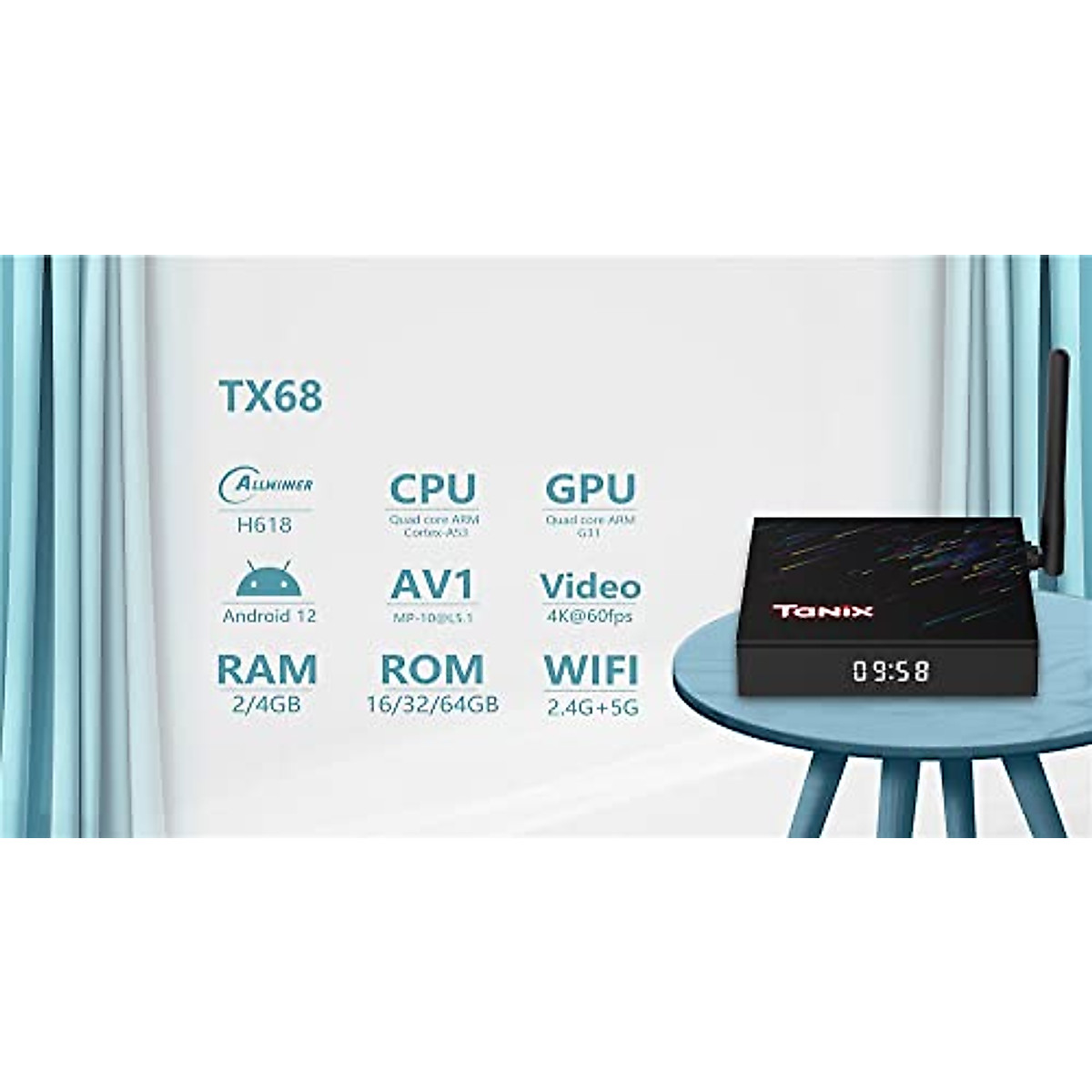 Android 12.0 TV Box,TX68 4GB RAM 32GB ROM H618 Quad-Core 64bit CPU Support WiFi6 Dual 2.4G/5.8G WiFi Ethernet BT5.0 4K 6K HDR10 Ultra HD Smart Home Player Tanix Set Top Box