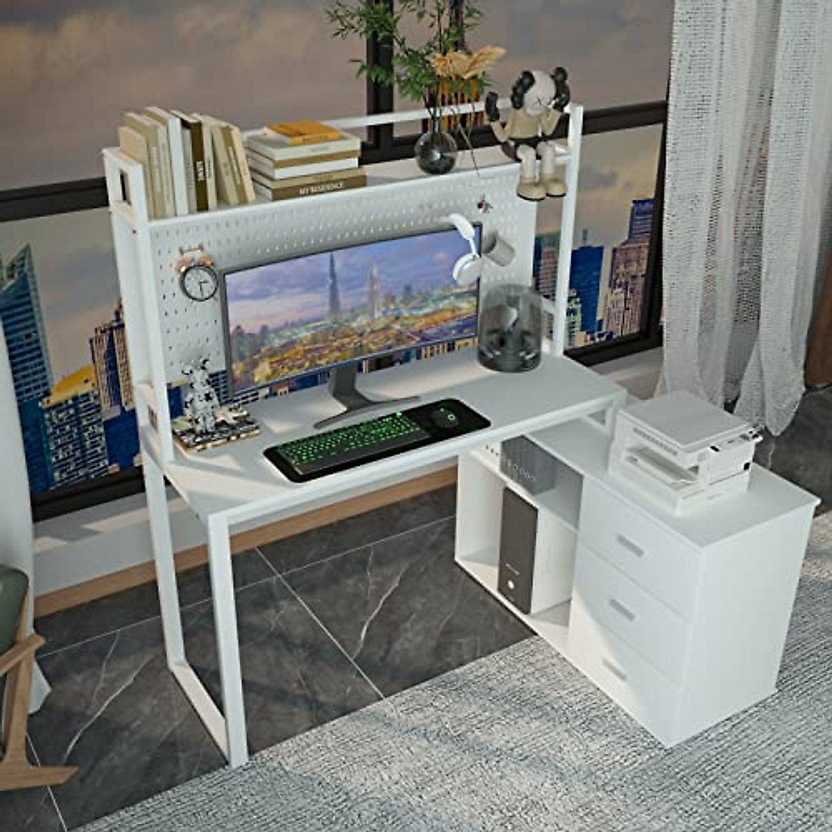 PAKASEPT Home Office Computer Desk L Shaped Desk, Reversible Corner Desk with Drawers & Shelves & Pegboard, White Desk Study Writing Table for Home Office