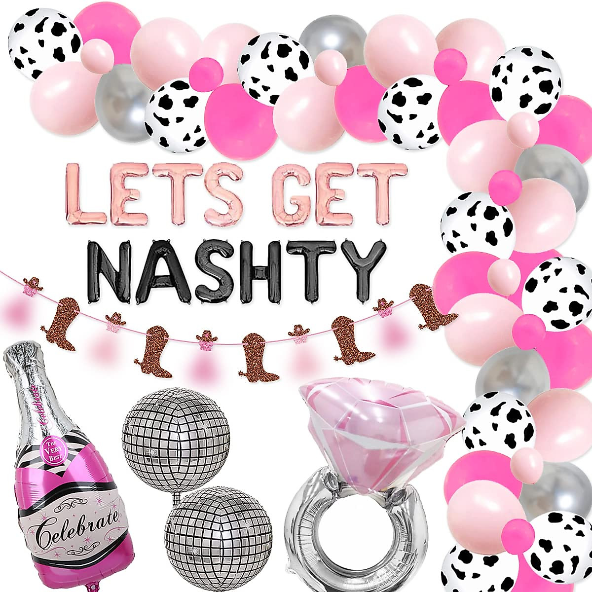 71 Packs Nashville Bachelorette Party Kit Pink and Cow Print Balloon Arch Disco Ball Mylar Balloon for Nash Bash Bachelorette Party Decorations
