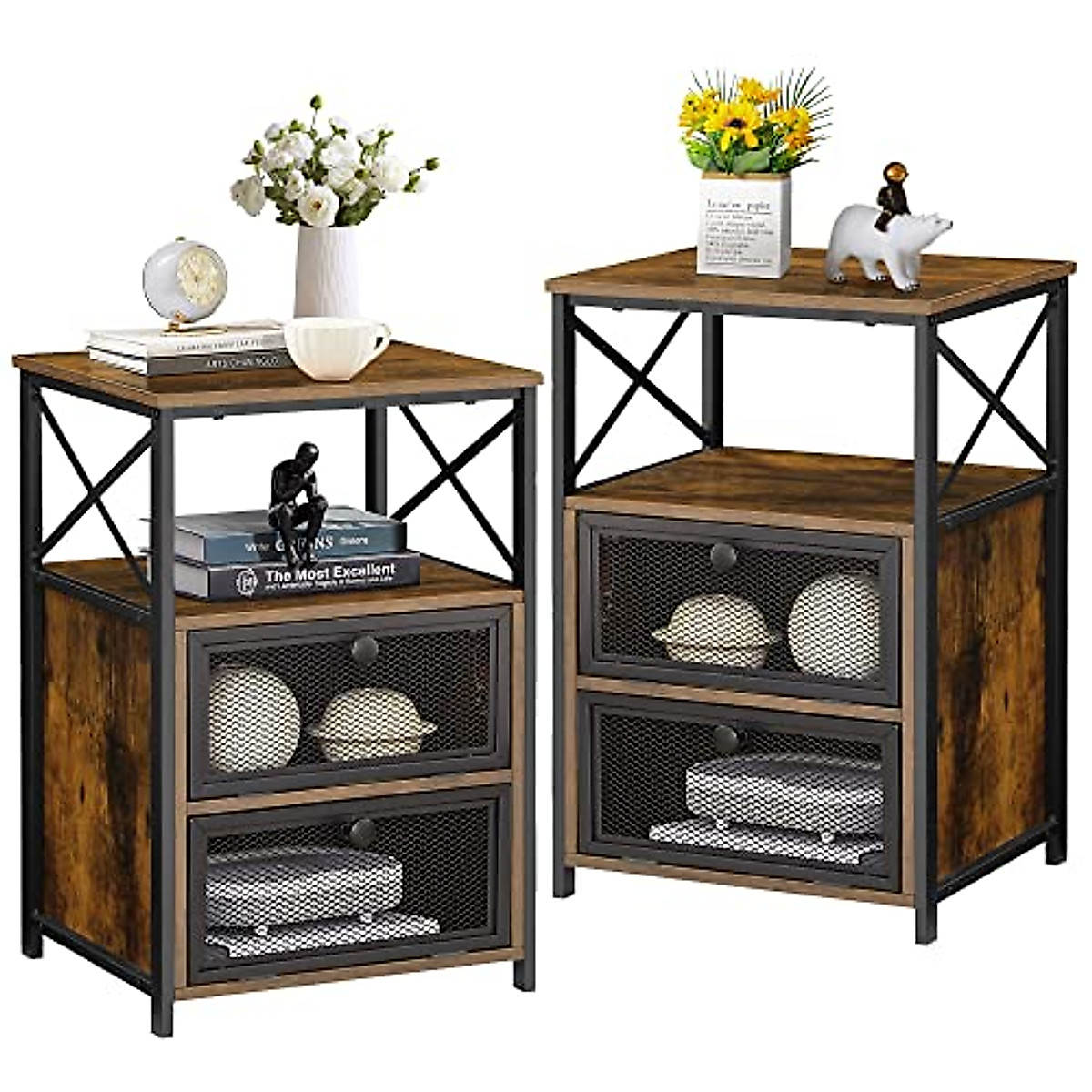 VECELO End Bedside Table, Modern Nightstands Set of 2 with Storage Drawer & Shelf, Night Stand for Living Room Bedroom Office Lounge, 2, Brown