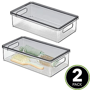 mDesign Plastic Stackable Bathroom Cabinet Storage Bin with Handles/Lid - Bin for Vanity, Countertop, Drawer Organization - Hold Soap, Towels, Accessories, Ligne Collection, 2 Pack, Clear/Smoke Gray