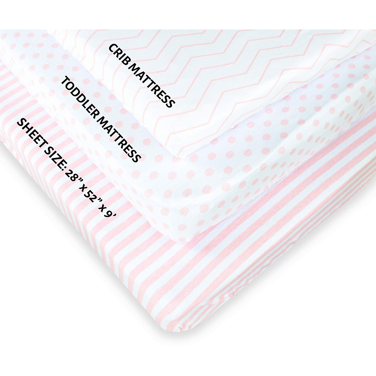 NODNAL CO. 3 Fitted Crib Sheets Pink Set for Baby Girl - 100% Oeko-TEX Cotton Nursery Bedding - Pink/White Chevron, Polka Dot, and Stripe - for Standard Baby or Toddler Crib Mattress 28”x52”x9” Sheet