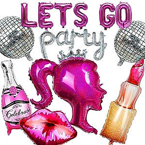 13pcs Hot Pink Princess Girl Doll Foil Balloon Lip Letter LETS GO Party Silver Disco ball Balloon Photo Prop For Barbie Theme Party Decorations Backdrop Bachelorette Party Adult Women Birthday Supply