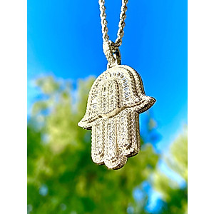 Shop-iGold Men's Hamsa Evil Eye Protector Men Women 925 Italy White Gold Finish Iced Silver Charm Pendant Stainless Steel Real 3 mm Rope Chain, Mans Jewelry, Iced Pendant, Rope Necklace 16"- 24" (24)