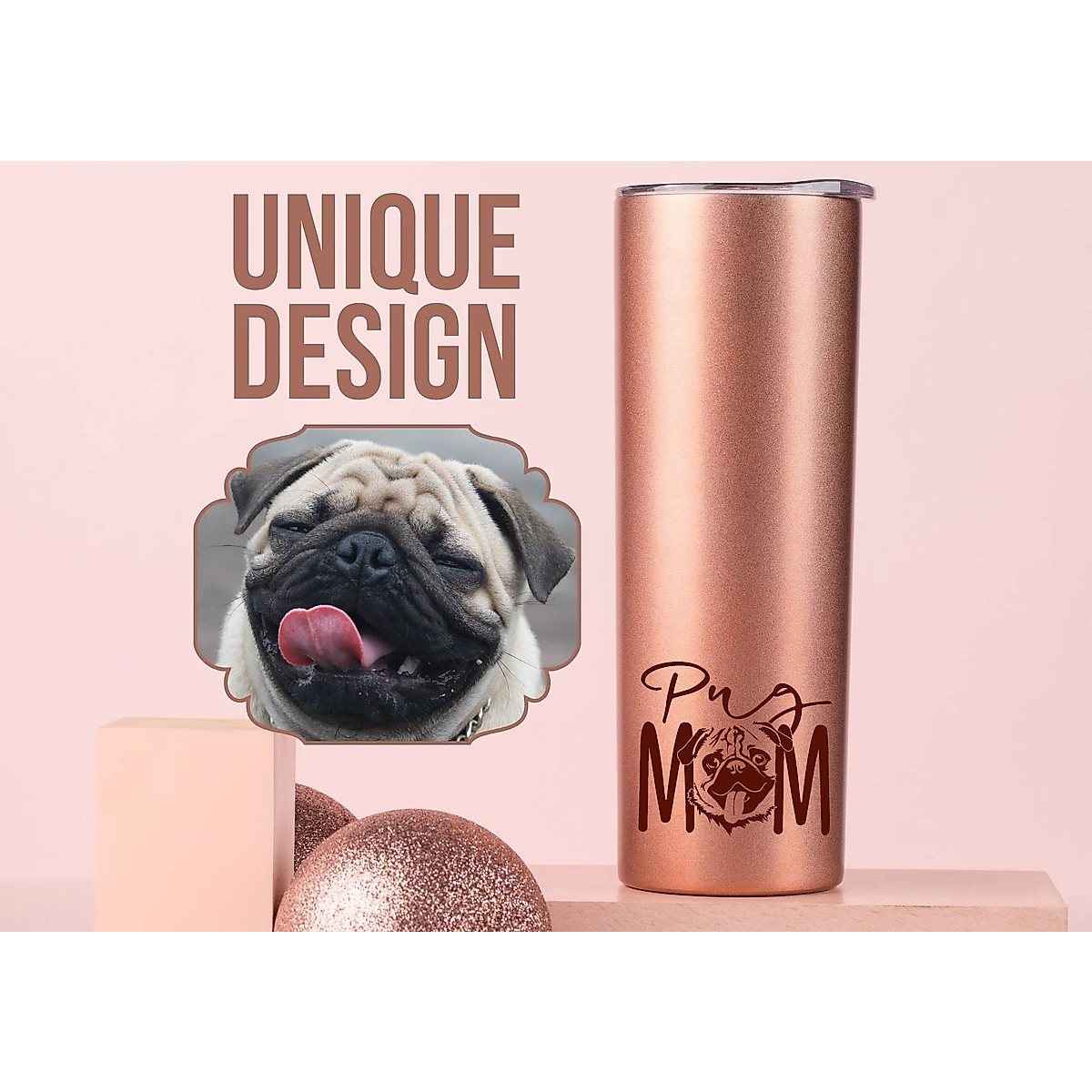 Onebttl Pug Gifts, Dog Lover Gifts, Gifts for Dog Mom, Dog Owner, Women, Girls, Friends, Daughters, Coworkers, 20Oz Skinny Tumbler, Pug Mom, Rose Gold