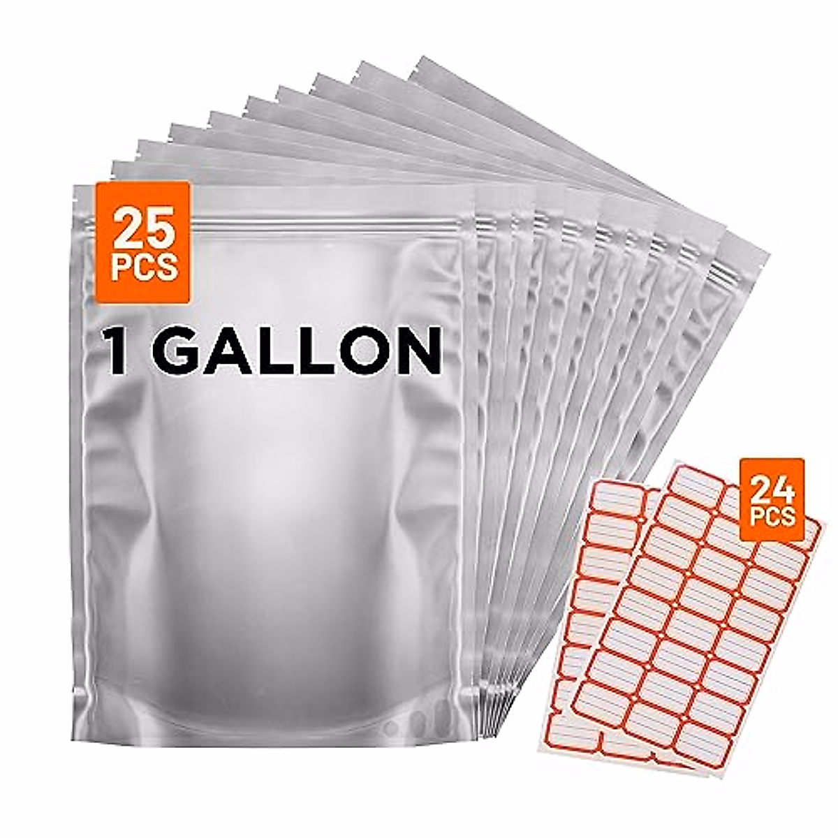 25pc- 1 Gallon Ziploc Mylar Bags with Red Labels - 12 Mil, 10"x 14", Reusable, & Airtight for Long Term Food Storage. Best bags for pantry organization and storage. Many uses around the home.