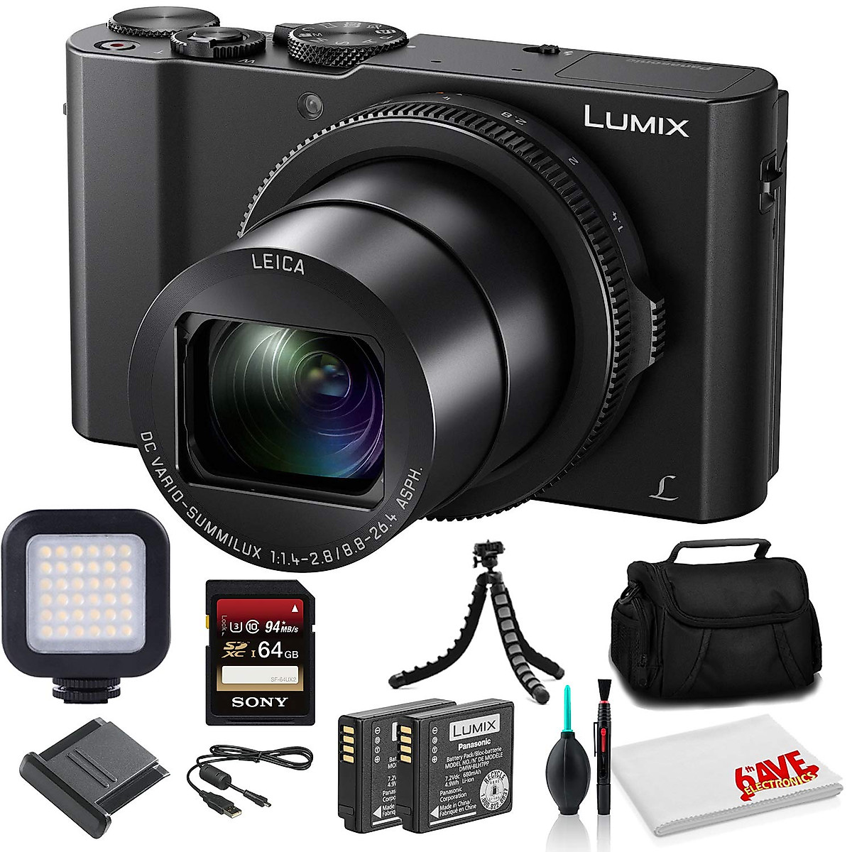 Panasonic Lumix DMC-LX10 Digital Camera (DMC-LX10K) - Bundle - with 64GB Memory Card + LED Video Light + Soft Bag + DMW-BLH7 Battery + 12 Inch Flexible Tripod + Cleaning Set