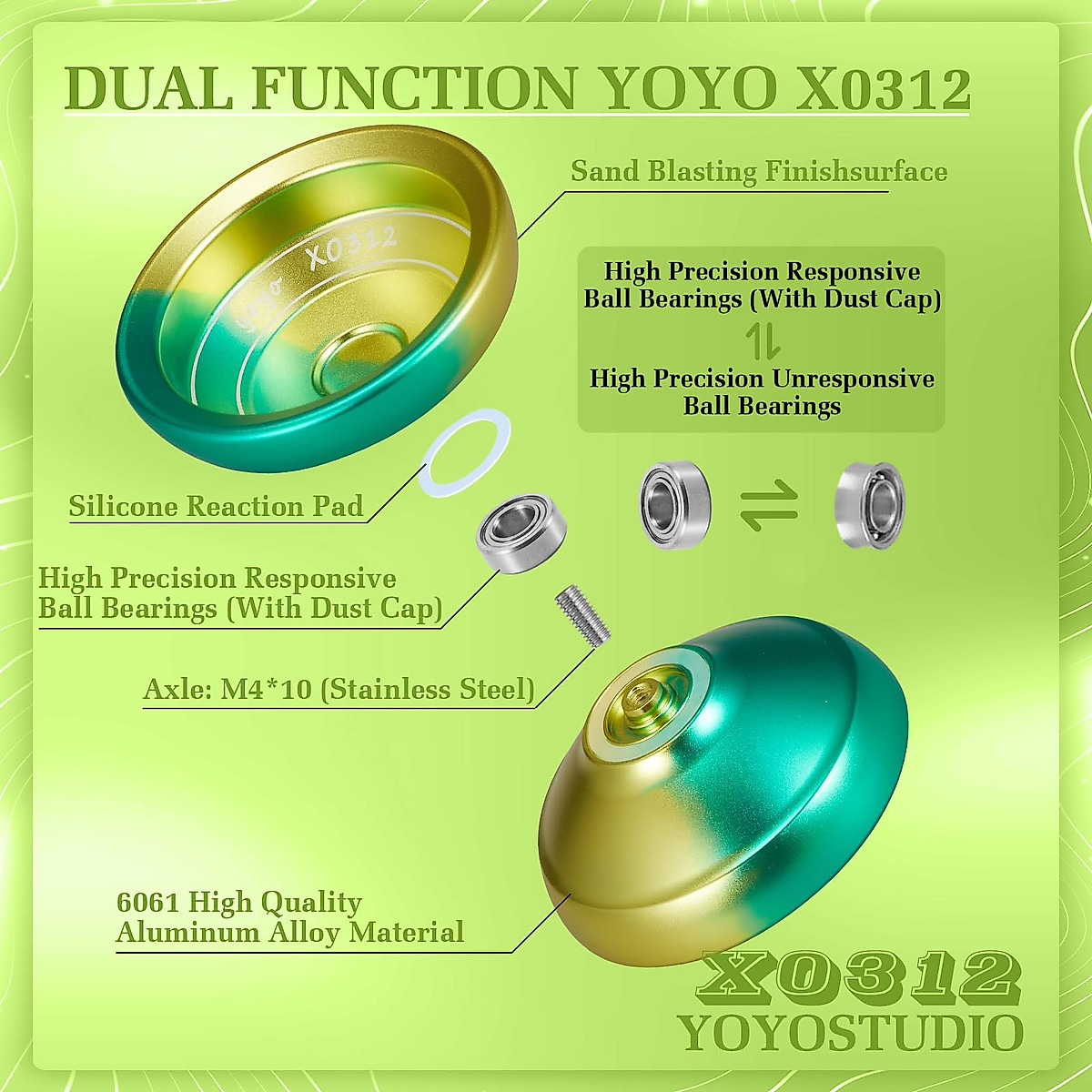 YOYOSTUDIO Responsive Yoyo Professional Yoyo for Kids 8-12 Fingerspin Yo Yo for Adults Kids Pro Trick Yoyos with Unresponsive Yoyos Bearings Kit, 10 Yo-Yo Strings, Case and Gloves (Yellow & Green)