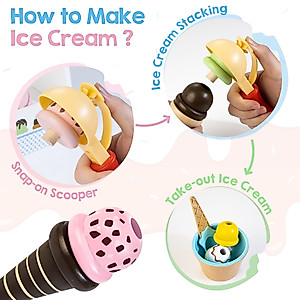 Wooden Ice Cream Toy for Kids, 33 PCS Pretend Play Food for Toddlers 3-5 Portable Ice Cream Stacking Toy, Montessori Toddler Toy Kitchen Playset Gift for Ages 3+
