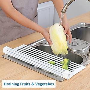 ZOIMINU White Roll Up Dish Rack, Over Sink Dish Drying Rack, Heat-Resistant Anti-Slip Stainless Steel Dish Drainer with Silicone-Coated for Cups Fruits Vegetables - 20.5" x 13.1"