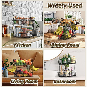 Crixny 2 Tier Fruit Basket for Kitchen Counter with 2 Banana Hangers, Fruit Bowl for Kitchen Counter, Large Fruit Basket Stand, Fruit and Vegetable Storage Fruit Holder for Produce Snack Onion Bread