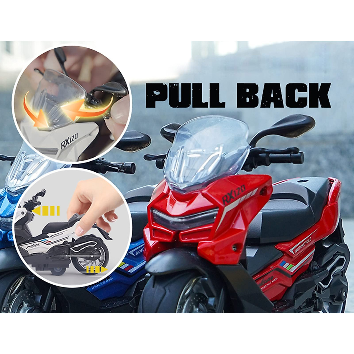 Gilumza Pull Back Motorcycle Toys, Moto Gift with Music Lighting, Pedal Motorcycles Toy for Boys Kids Age 3-12 Year Old (White)