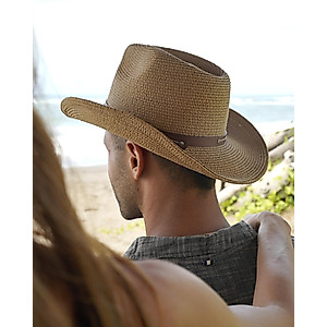 FURTALK Straw Cowboy Sun Hats for Women Men Western Cowgirl Hats with Wind Lanyard UPF 50+ Beach Hat Khaki