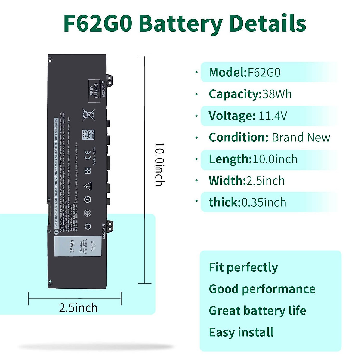 DMKAOLLK 38WH 39DY5 F62G0 Battery for Dell Inspiron 13 7000 i7373 7373 7386 2-in-1 7370 7380 5370 P83G P87G P91G P83G001 P83G002 P87G001 Vostro 13 5370 039DY5 0F62G0 RPJC3 0RPJC3 F62GO 11.4V