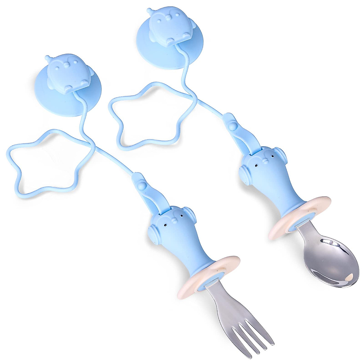CAROMOLLY Toddler Utensils, Toddler Fork and Spoon Set Stainless Steel Toddler Silverware Set with Suction and Anti-Dropping Chain, Baby Utensils with Case On-The-Go 2 Pcs Blue