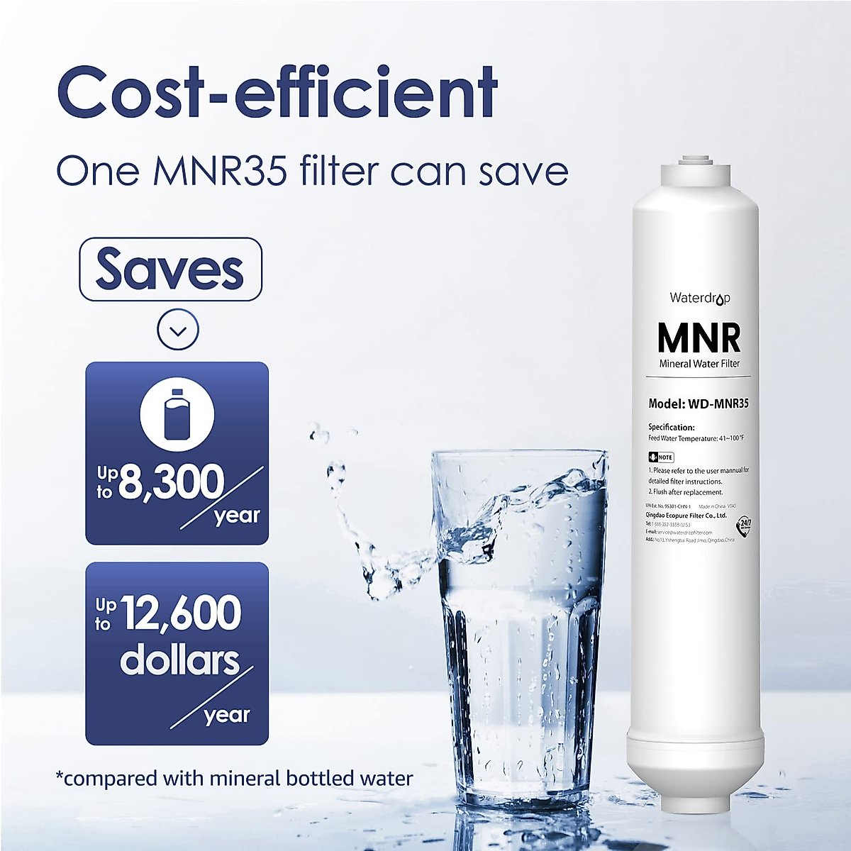 Waterdrop D6 Reverse Osmosis System with WD-MNR35 Remineralization Filter, Tankless, 600 GPD, 2:1 Pure to Drain, Smart LED Faucet, Reduce TDS, High Flow, USA Tech Support, Bundle