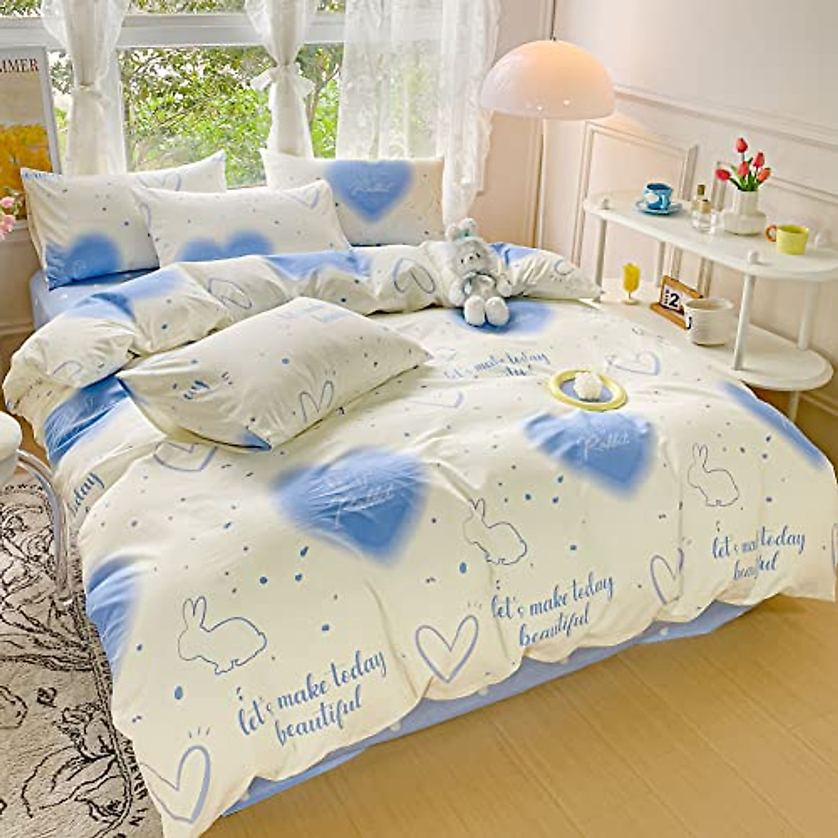 BlueBlue Rabbit Kids Duvet Cover Set Twin, 100% Cotton Bedding for Boys Girls Teens Single Bed, Cartoon Bunny Blue Heart on White, 1 Cute Kawaii Comforter Cover 2 Pillowcase (Twin, Rabbit Blue)