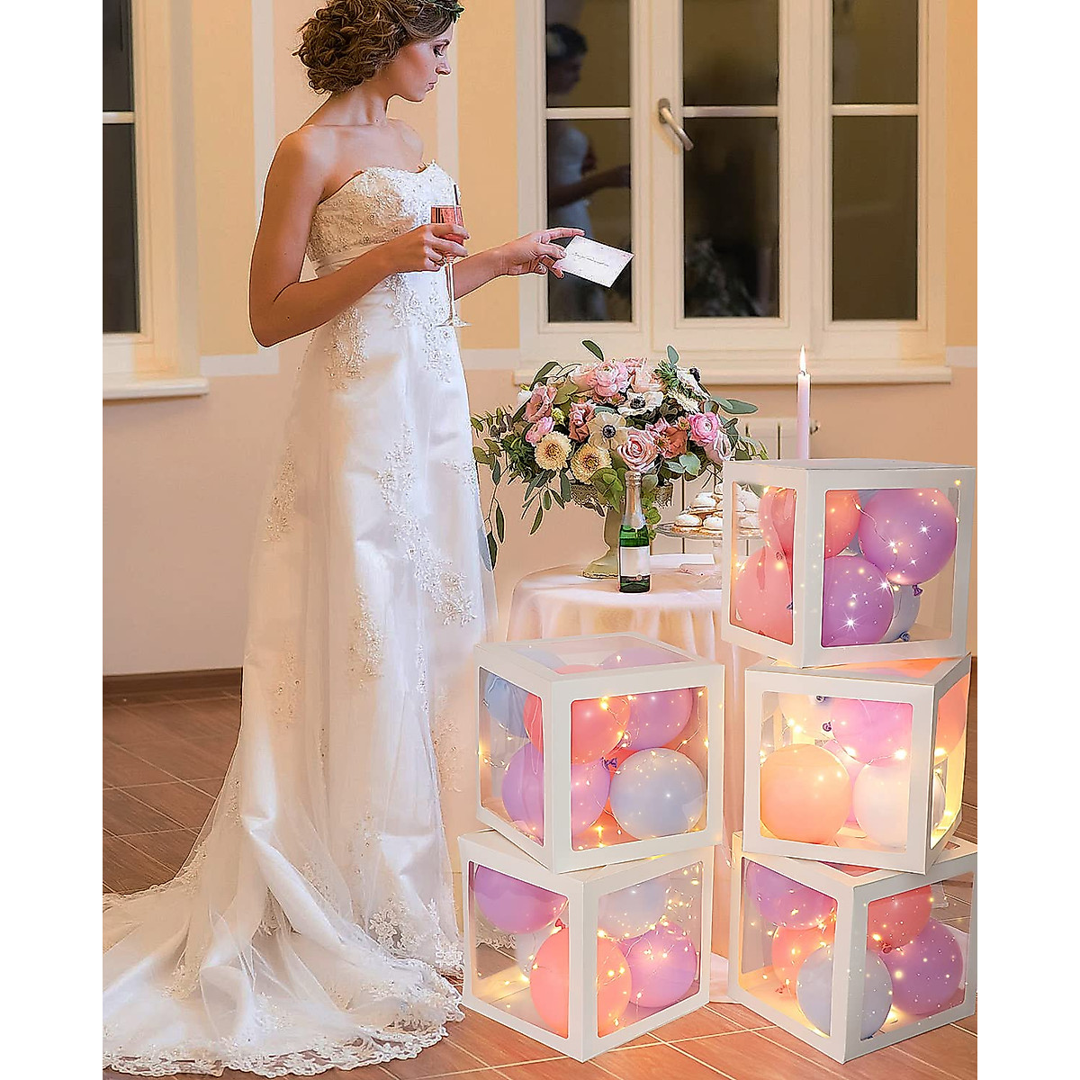 5PCS Balloon Boxes Transparent Balloon Boxes with 5 LED Light Strings, Clear Balloon Boxes with 48 Candy Colors Balloons for Decor Shoot Prop, Weddings Engagement Parties Bridal Shower Birthday Decor