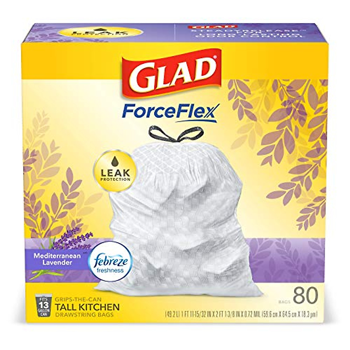 Glad ForceFlex Tall Kitchen Drawstring Trash Bags 13 Gallon White Trash Bag, Mediterranean Lavender scent with Febreze Freshness 80 Count (Package May Vary)
