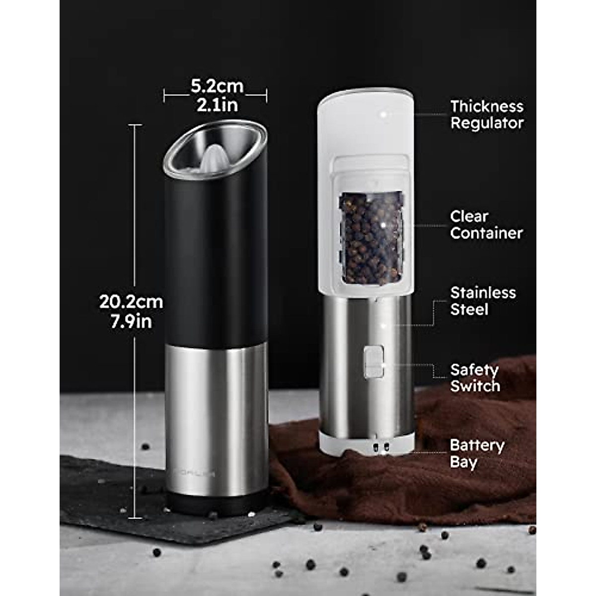 FORLIM Gravity Electric Salt and Pepper Grinder Set Battery Operated, Adjustable Coarseness, Blue LED Light, One Hand Automatic Operation, Stainless Steel Classic Black & White, 2 Mills