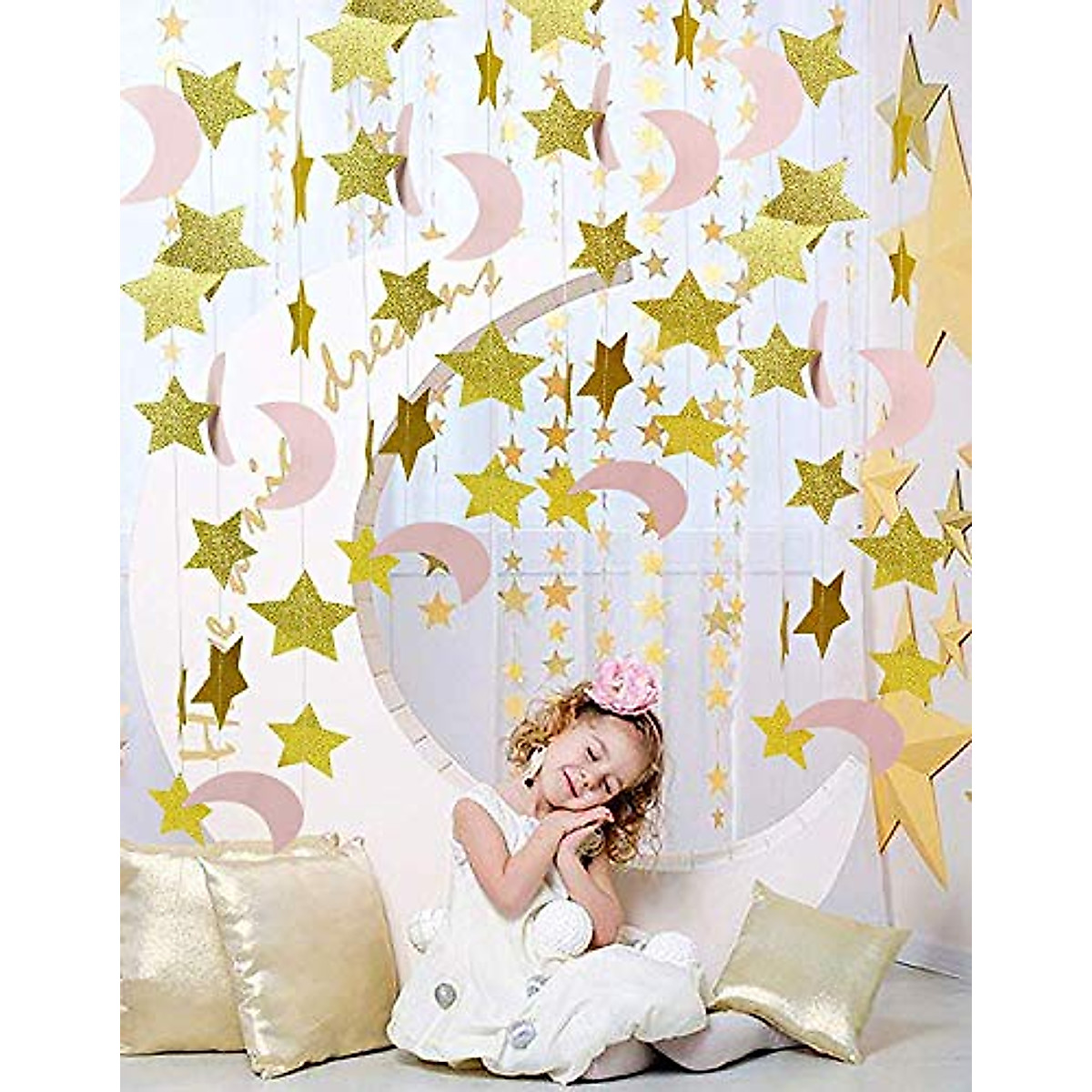 Moon and Stars Garland 2PCS Glitter Gold Twinkle Stars Pink Crescent Paper Garlands Hanging Decorations Girl Birthday Party Decorations Girl Baby Shower Decorations Pink Gold Nursery Room Decorations